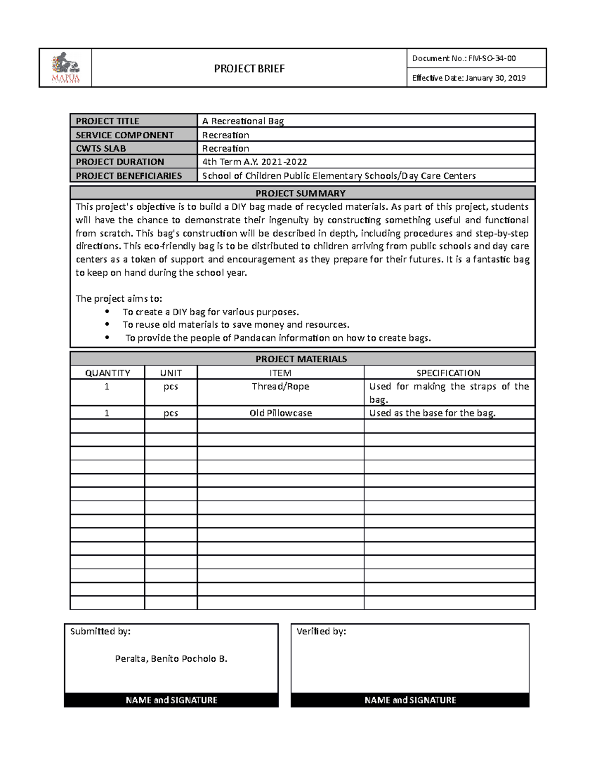 Project Brief - Notes - PROJECT BRIEF Document No.: FM-SO-34- Effective ...