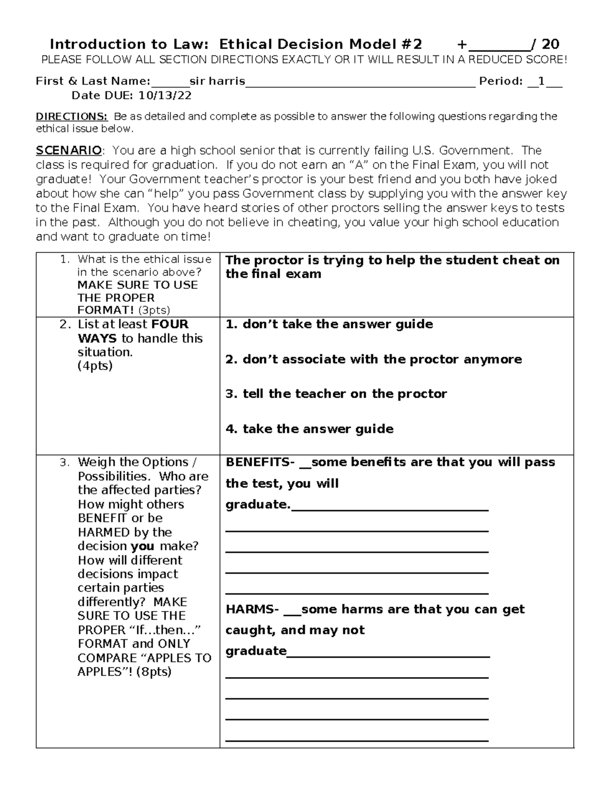 Ethical decision model 2 - Introduction to Law: Ethical Decision Model ...