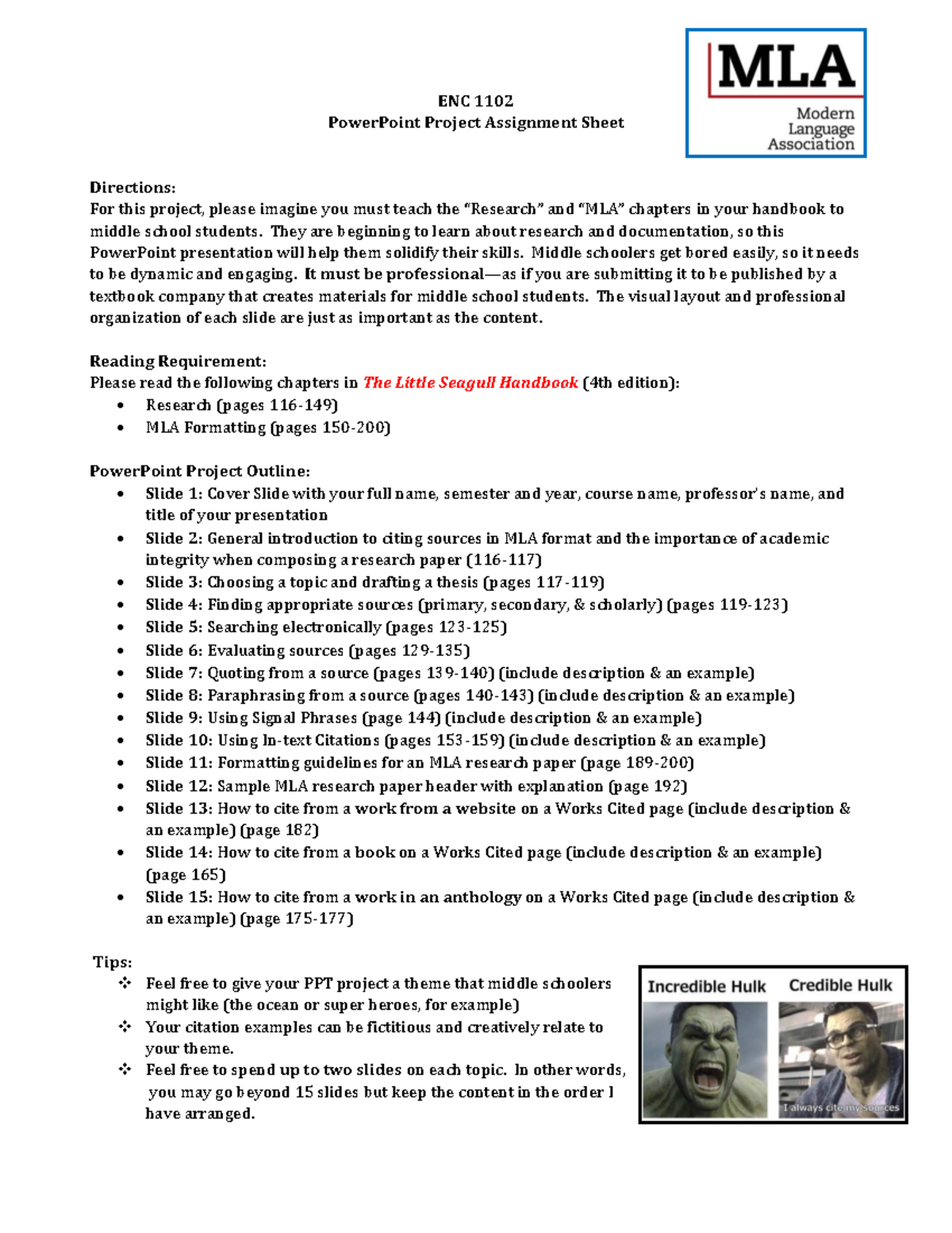 1102 MLA Power Point Project Assignment Sheet-1 - ENC 1102 PowerPoint ...