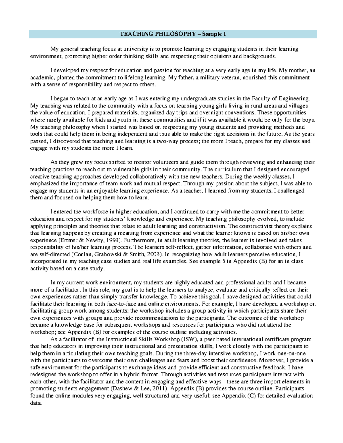 Teaching Statement Sample - TEACHING PHILOSOPHY – Sample 1 My general ...