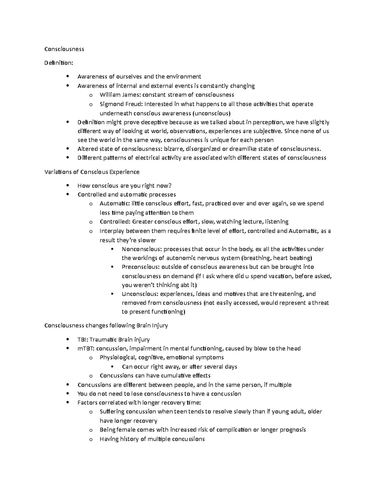 Lecture 7 notes for psyc 1001 intro to psyc - Consciousness Definition ...