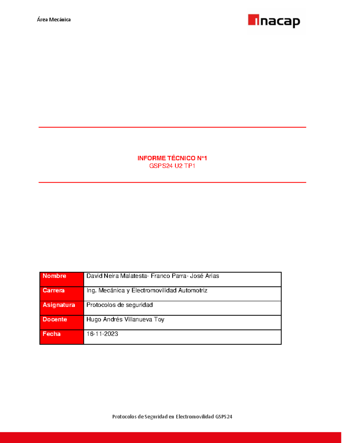 Ssdc - fewfw - INFORME TÉCNICO N° GSPS24 U 2 TP Nombre David Neira ...