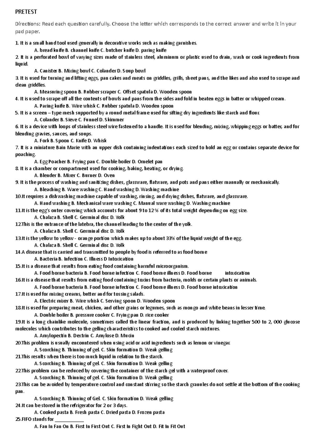 Pretest - lesson - PRETEST Directions: Read each question carefully ...