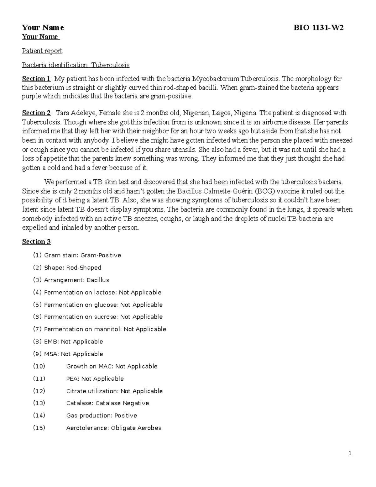 Omolara Ojo- Mycobacterium Tuberculosis Lab Report BIO 1131-W2 - Your ...