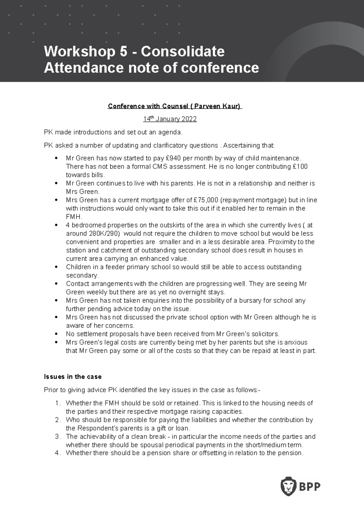 BPTC2 Common Law WS 5 LR Consolidate - Attendance note of conference ...