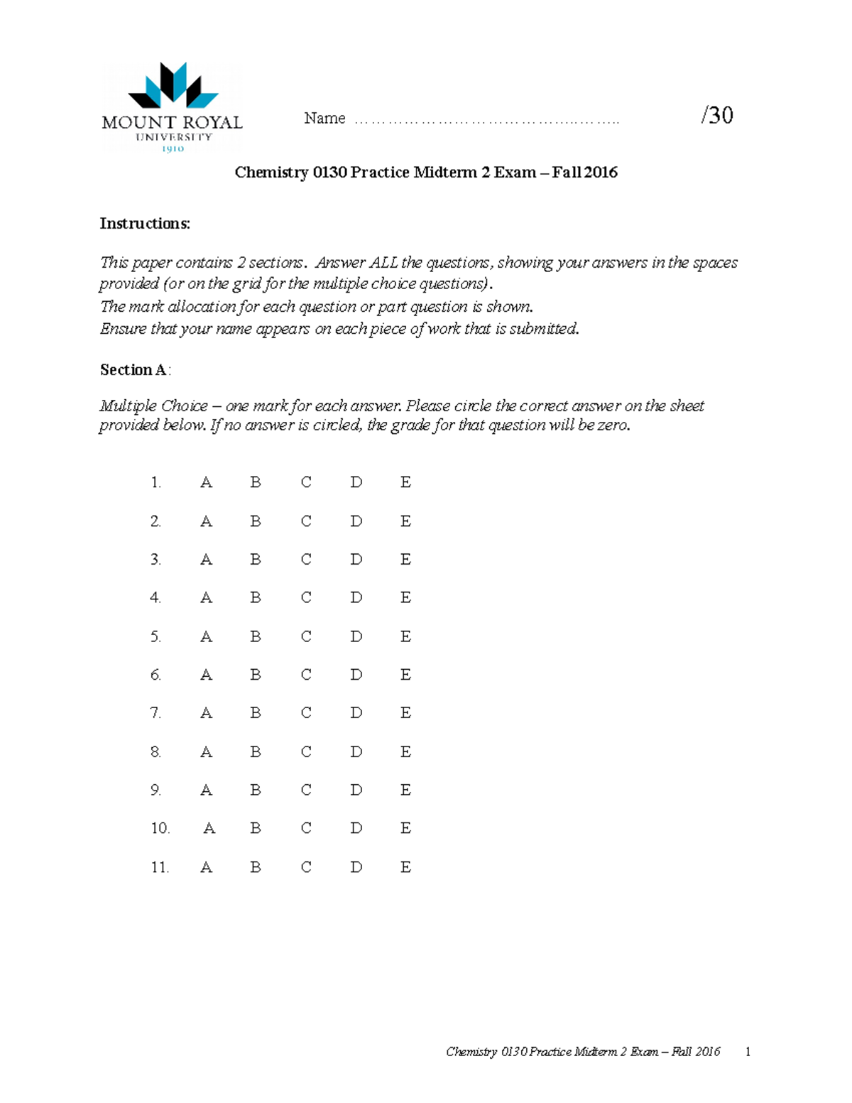 F16 Chem 0130 Practice Midterm 2 - Name ...