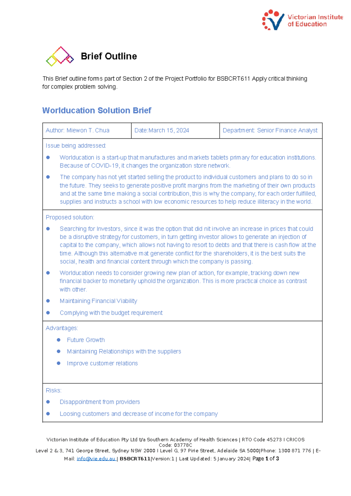 Bsbcrt 611 Brief Outline - Brief Outline This Brief outline forms part ...