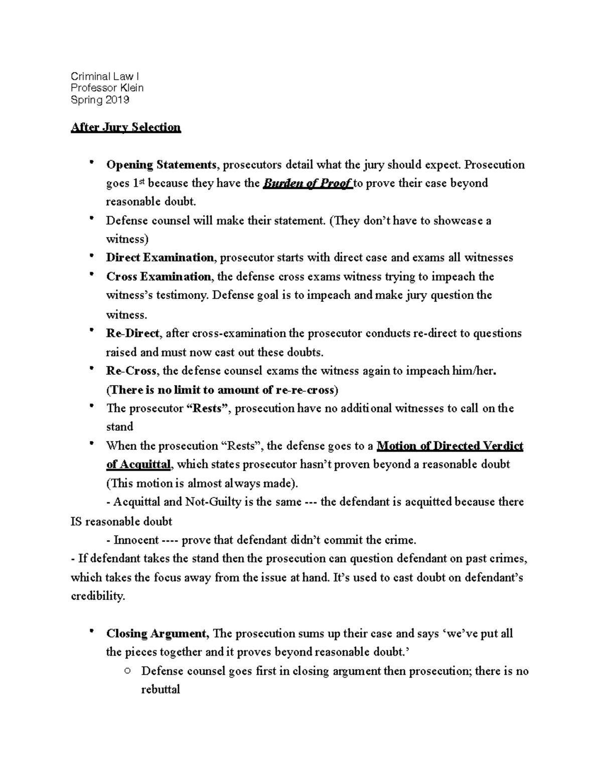 After Jury Selection - Lecture notes 2 - Criminal Law I Professor Klein ...
