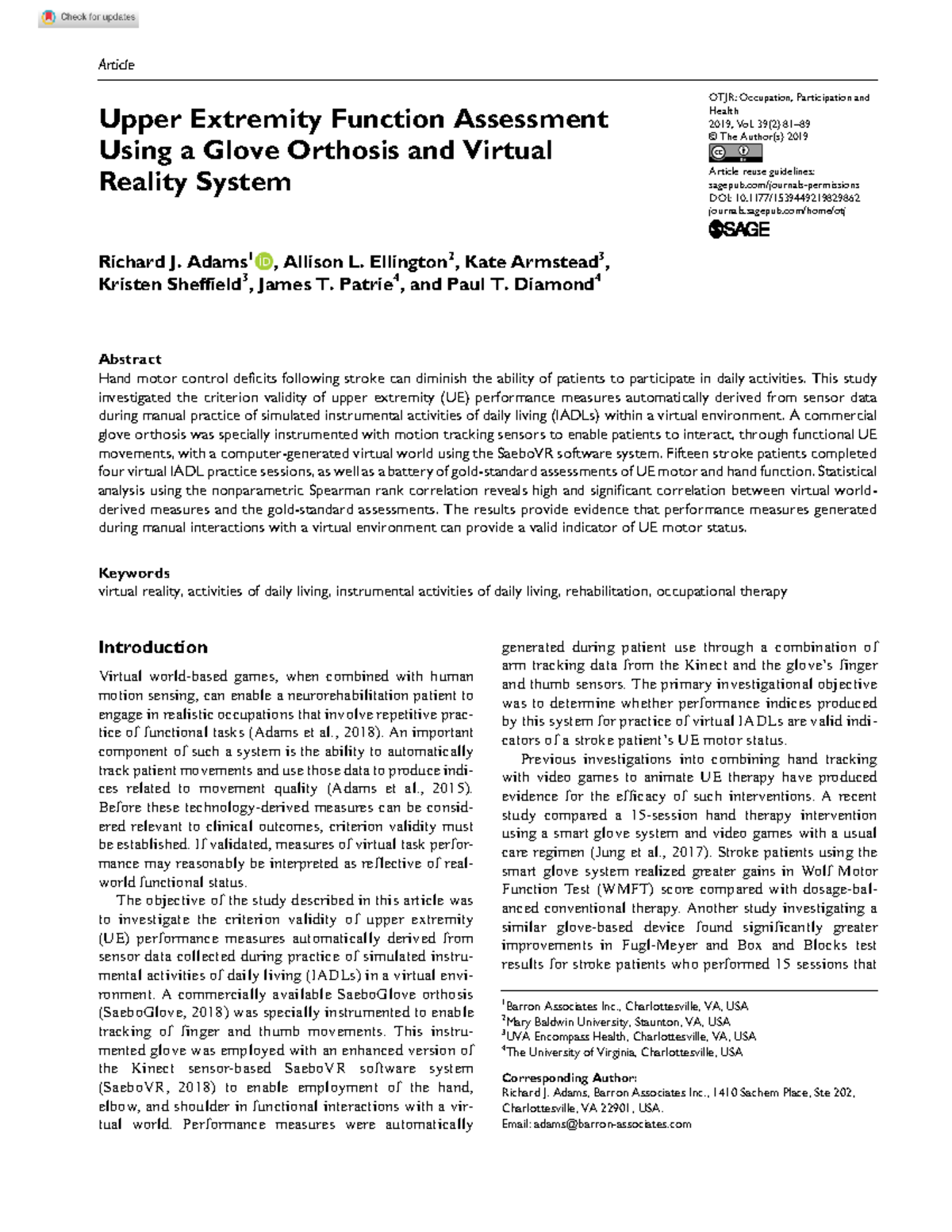 Adams et al 2019 upper extremity function assessment using a glove orthosis and virtual reality ...
