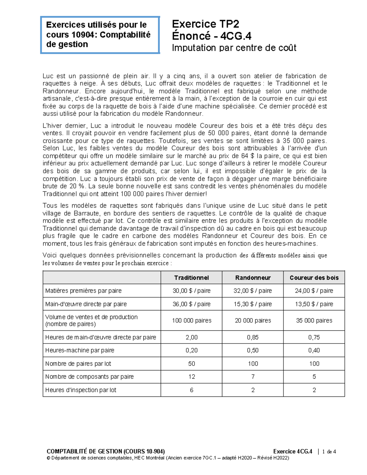 Correction TP2 1 Exercice 4CG - Énoncé - 4CG. Imputation par centre de coût cours 10904: - Studocu