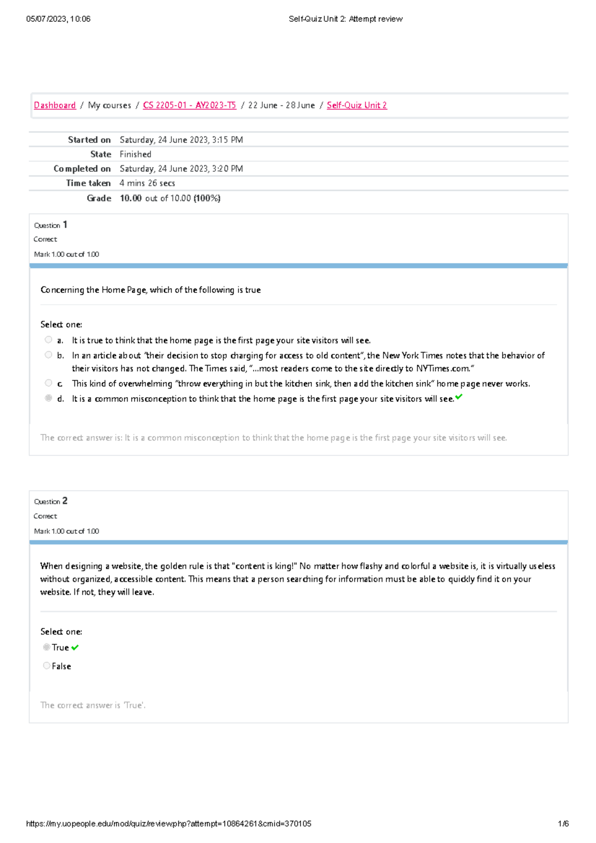 Self-Quiz Unit 2 Attempt review 4 - Started on Saturday, 24 June 2023, 3:15 PM State Finished ...