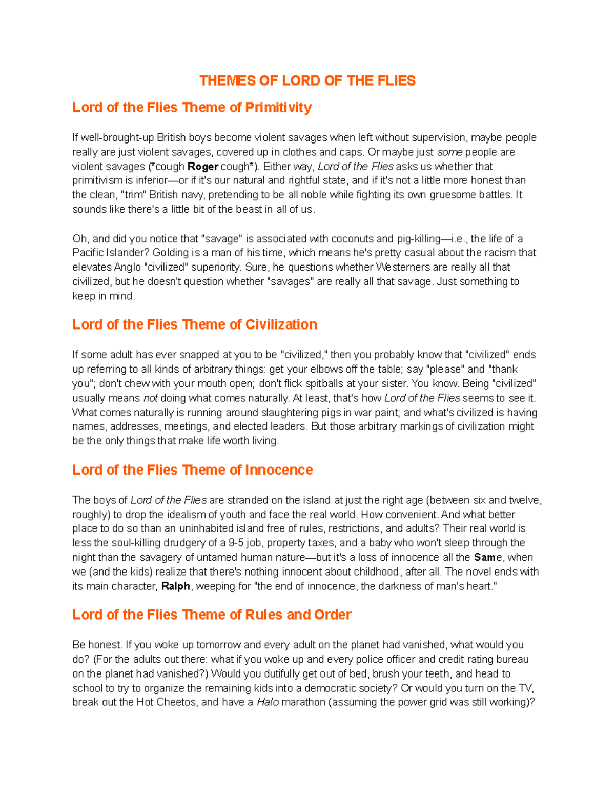 Lord of the Flies Themes - THEMES OF LORD OF THE FLIES Lord of the ...