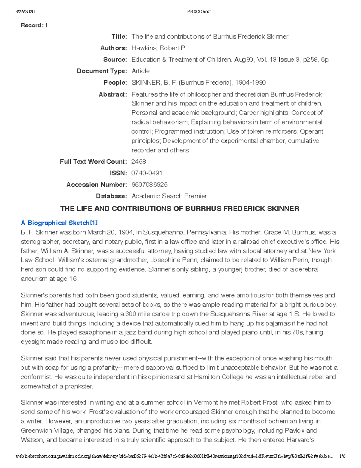 B F Skinner - ./. - Title: Authors: Source: Document Type: People: Abstract: Full Text Word ...