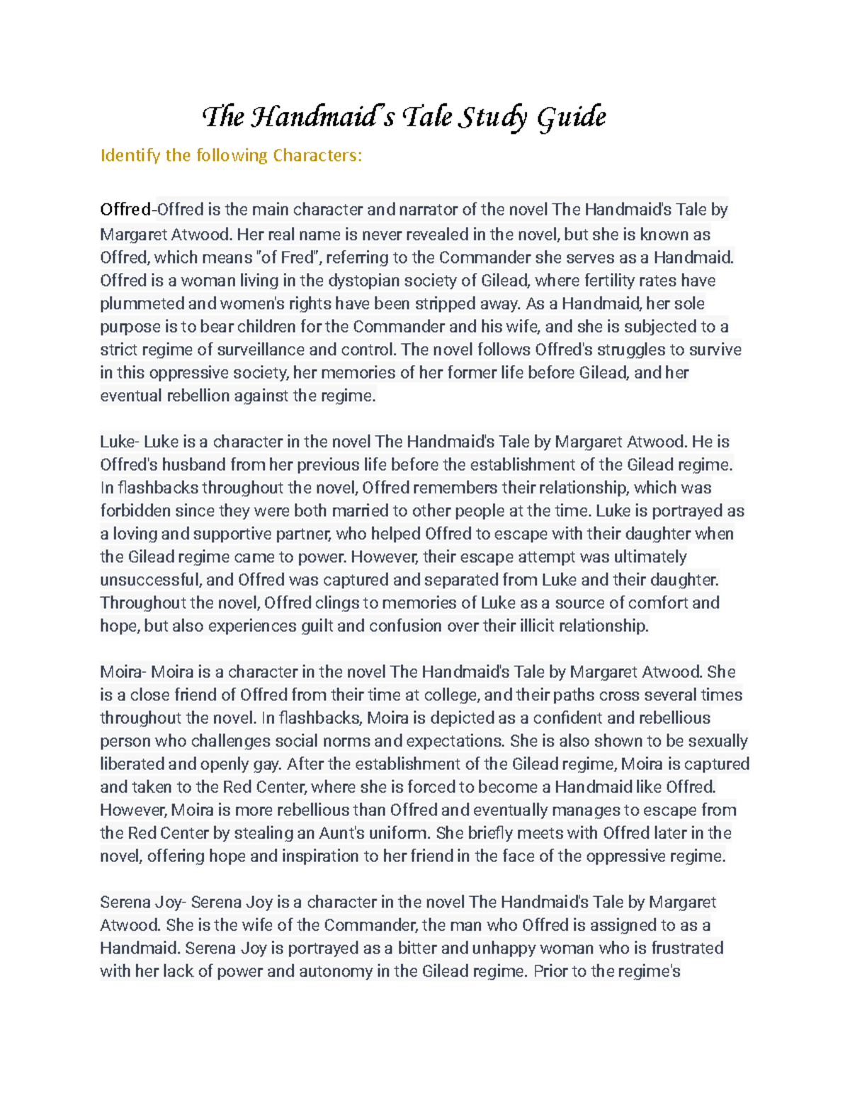 The Handmaid's Tale Study Guide - The Handmaid’s Tale Study Guide ...