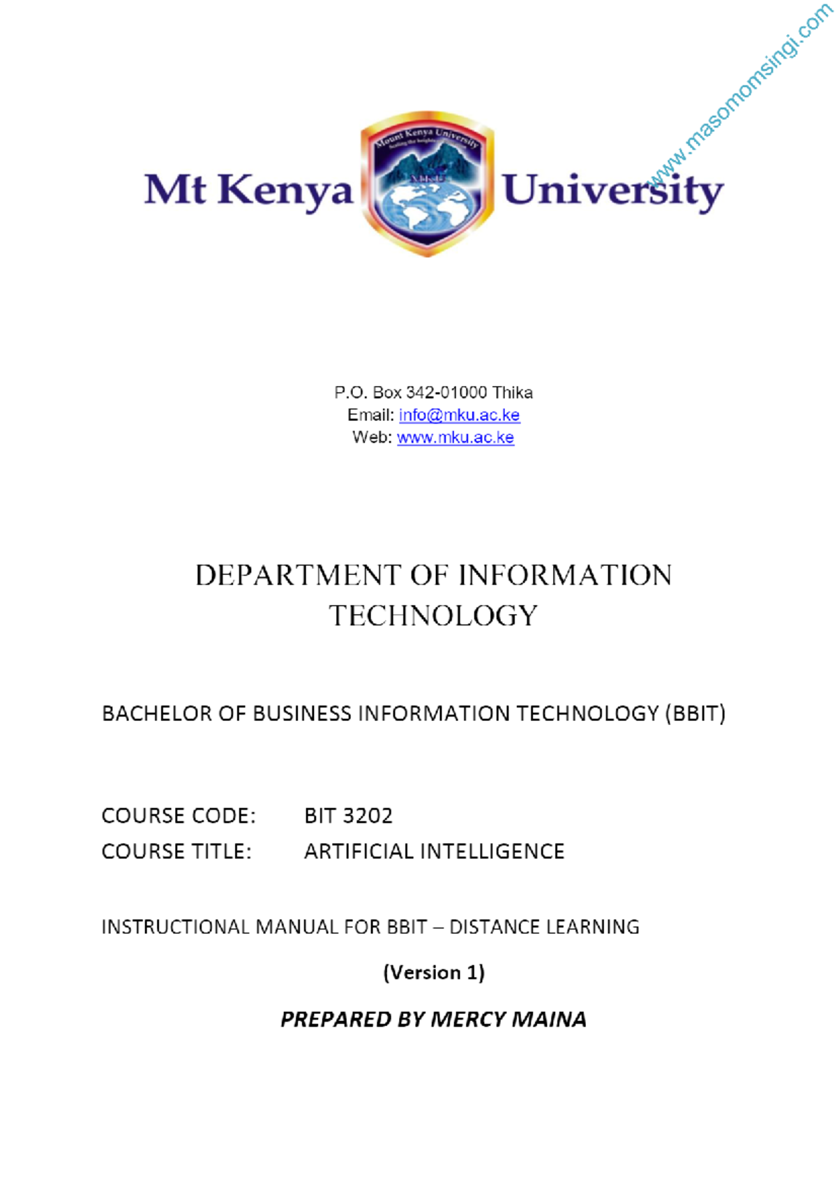 BBIT MKU – Artificial Intelligence PDF – Masomo Msingi Publishers - Information Technology - Studocu