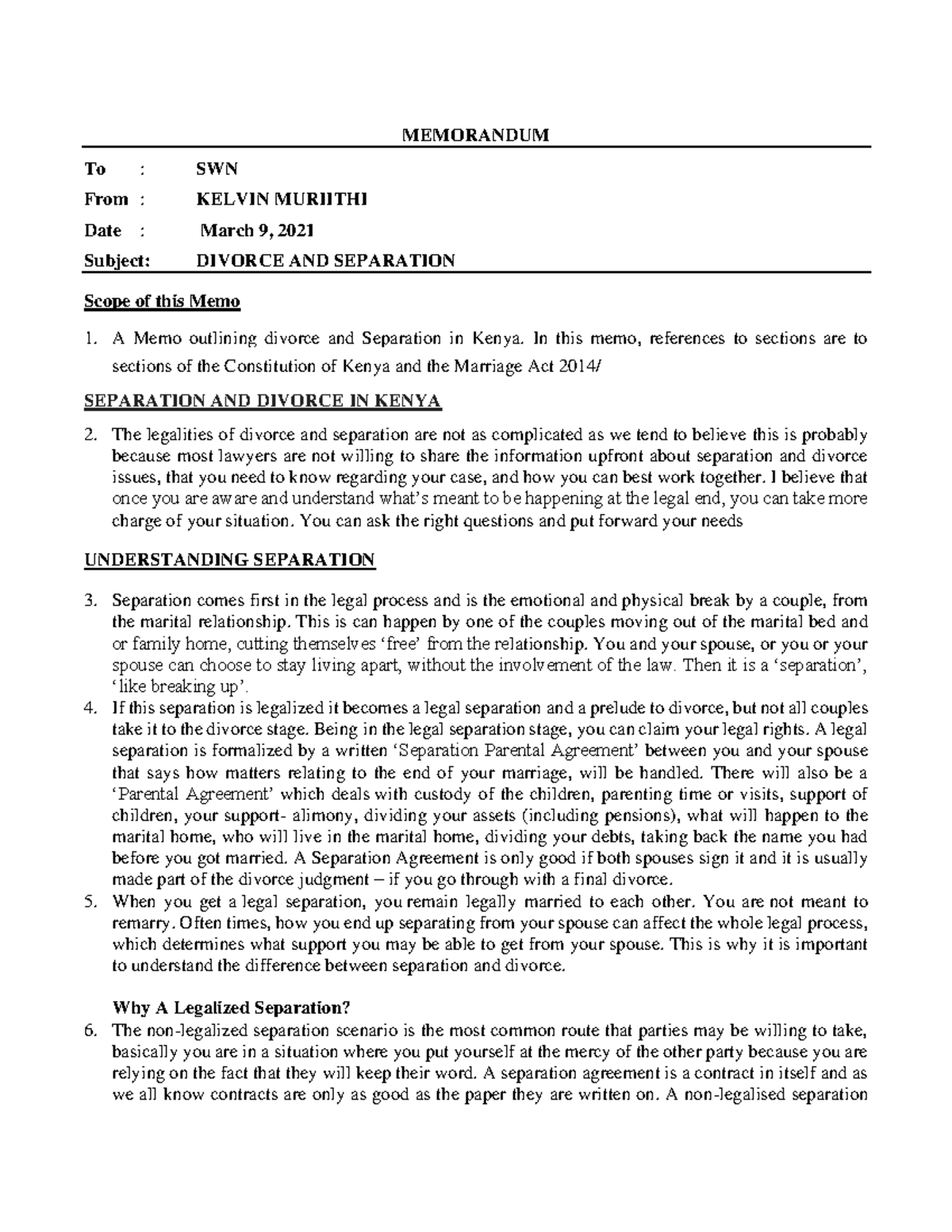 Divorce Memo - MEMORANDUM To : SWN From : KELVIN MURIITHI Date : March ...