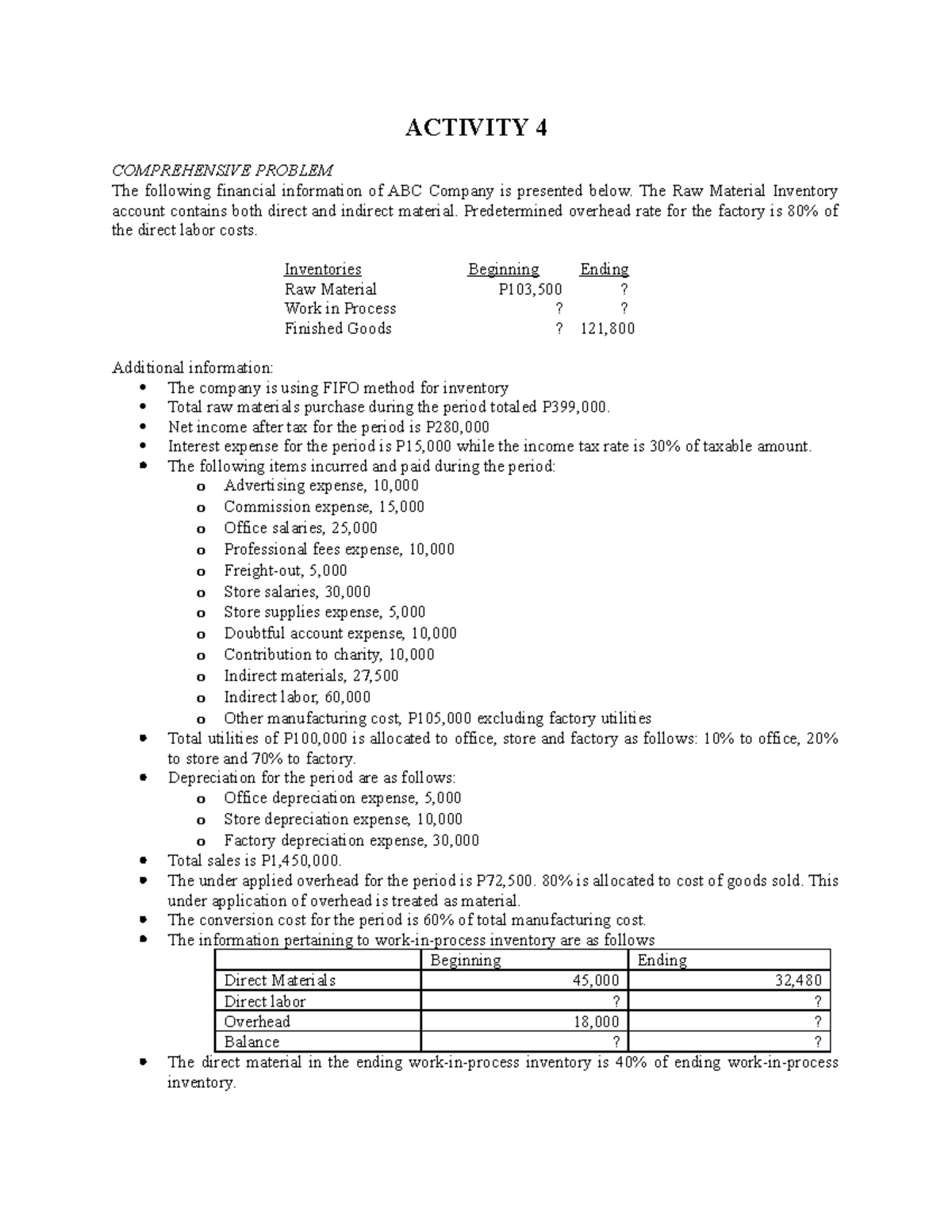 Activity 4 Cost Accounting - ACTIVITY 4 COMPREHENSIVE PROBLEM The ...