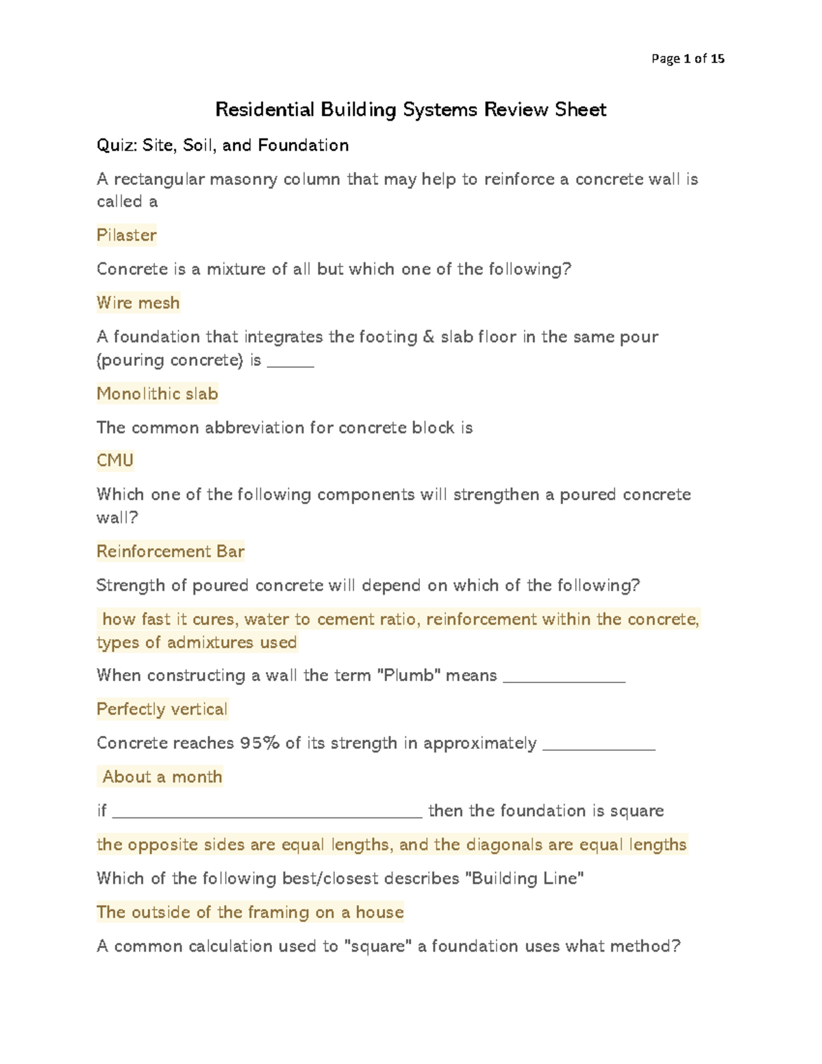 Residential Building Systems Review Sheet - 11" What is the largest ...