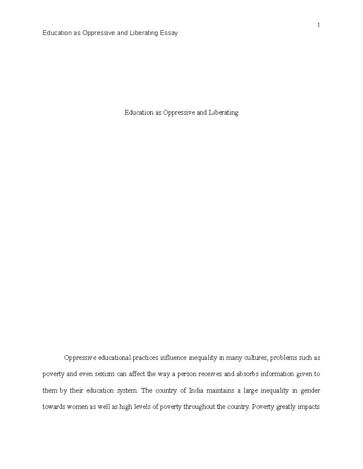 Opression in Education - Education as Oppressive and Liberating Essay 1 ...