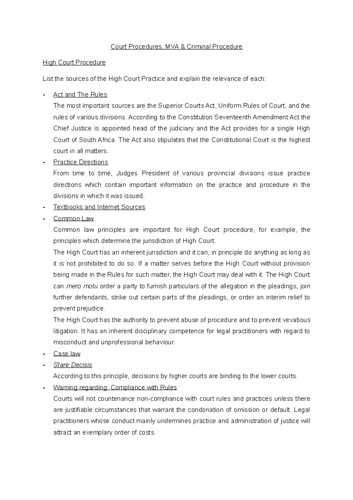 Personal notes for High Court civil procedure - Court Procedures, MVA ...