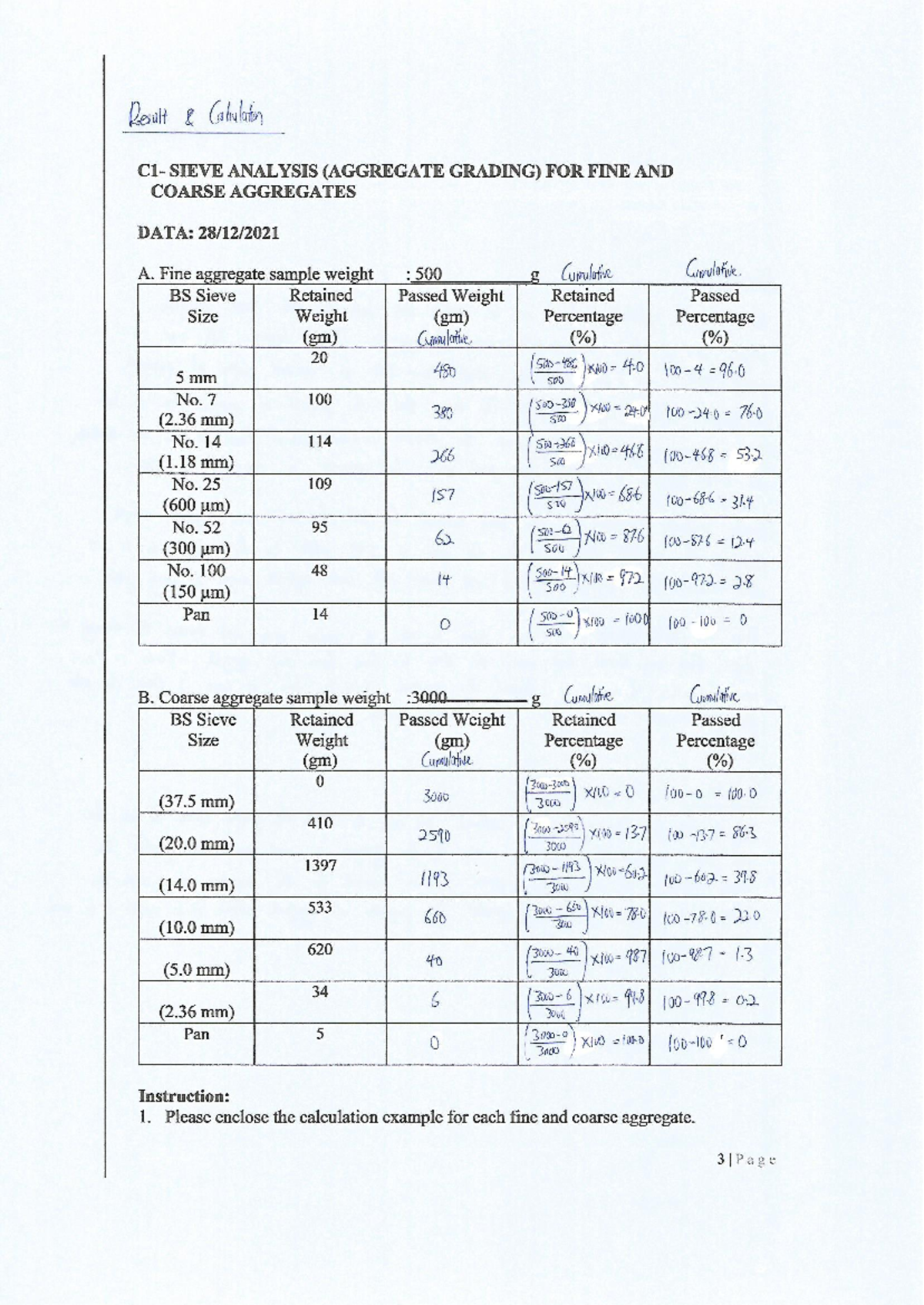 EXAMPLE CALCULATION FOR LAB REPORT - Civil Engineering Laboratory I ...