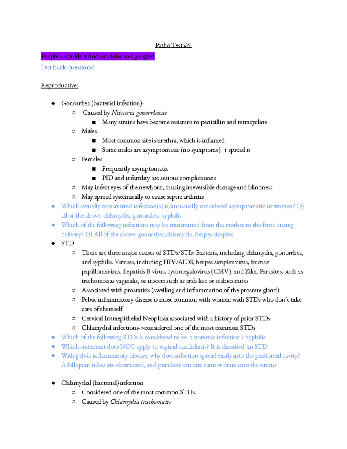 Patho test 4 final - test 4 - Patho Test #4: Purple = couldn’t nd on ...