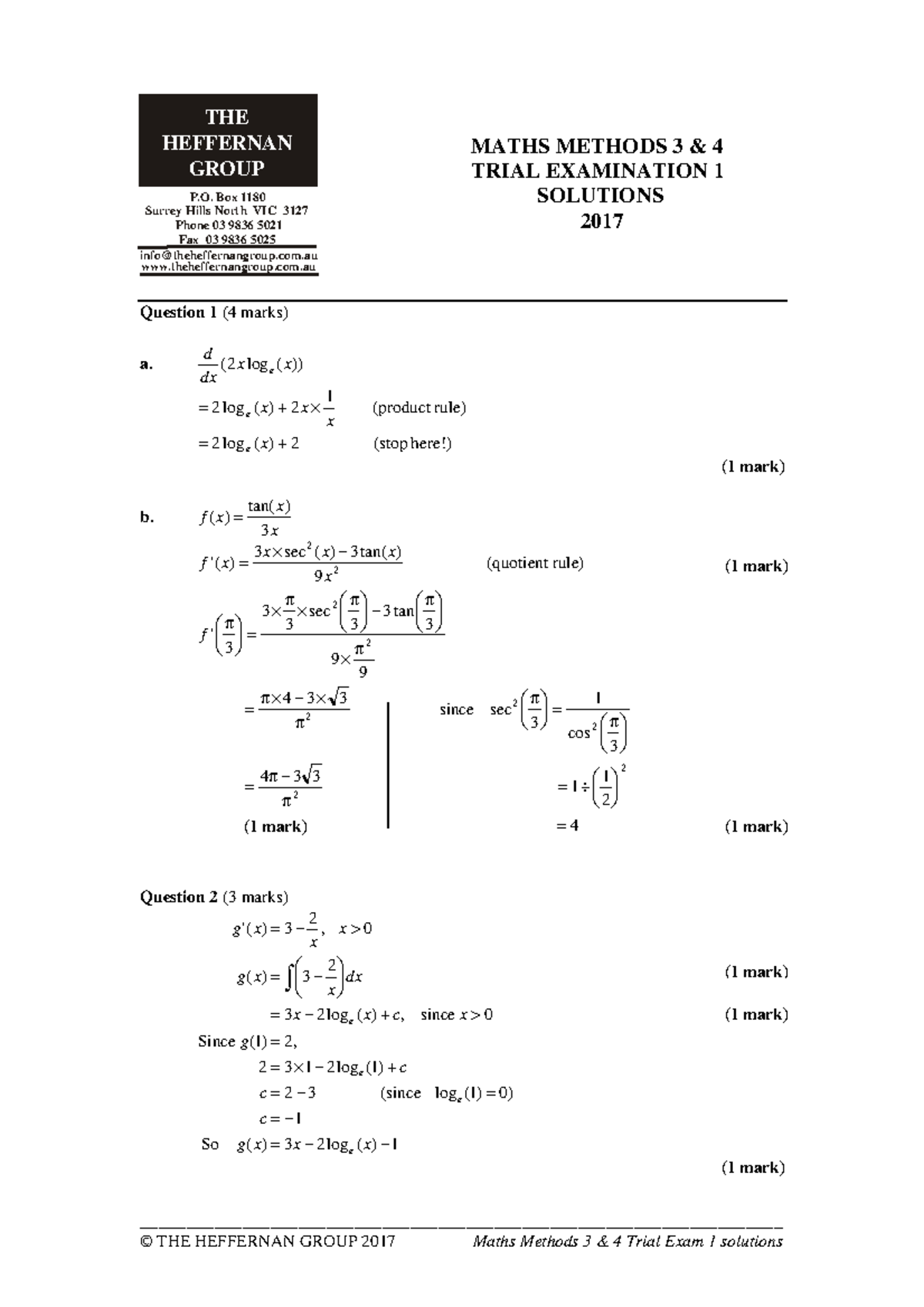 [VCE Methods] 2017 Heffernan Unit 34 Exam 1 Solutions - - Studocu