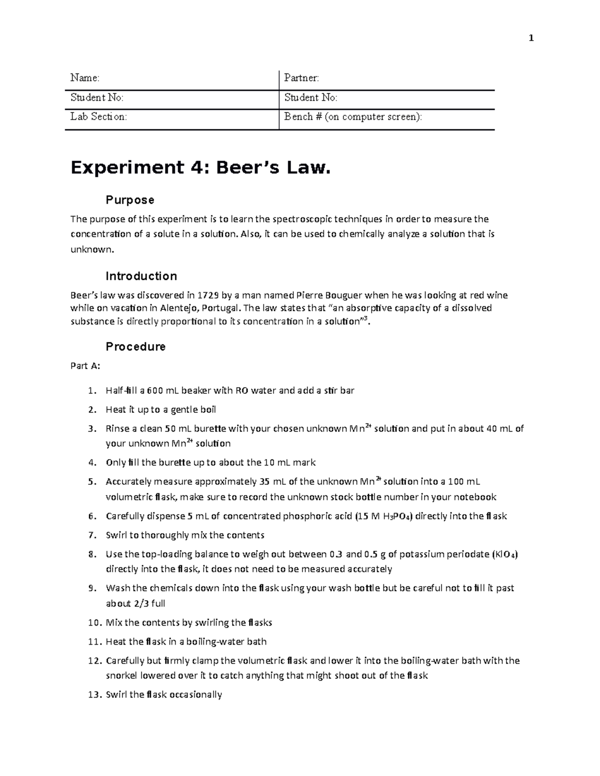 Beers Law - Lab - Name: Partner: Student No: Student No: Lab Section ...