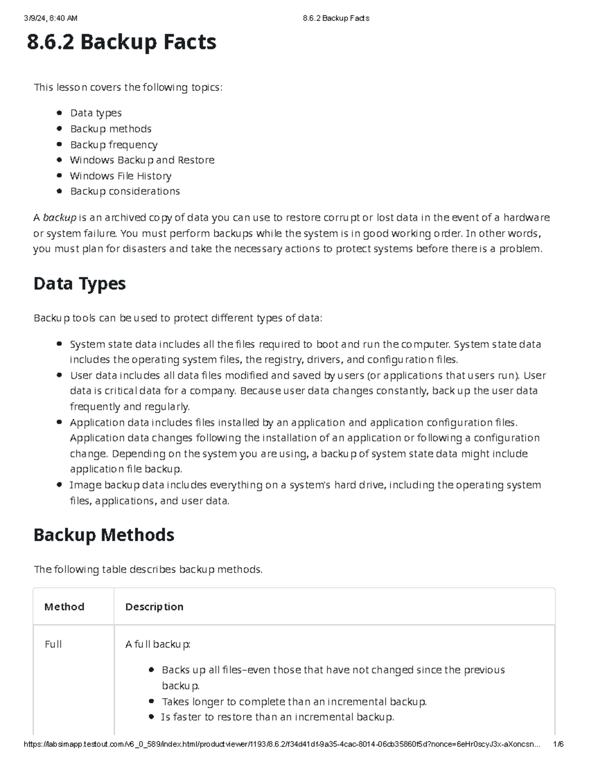 Backup Facts - Summary Introduction To Computers - 8.6 Backup Facts This lesson covers the ...
