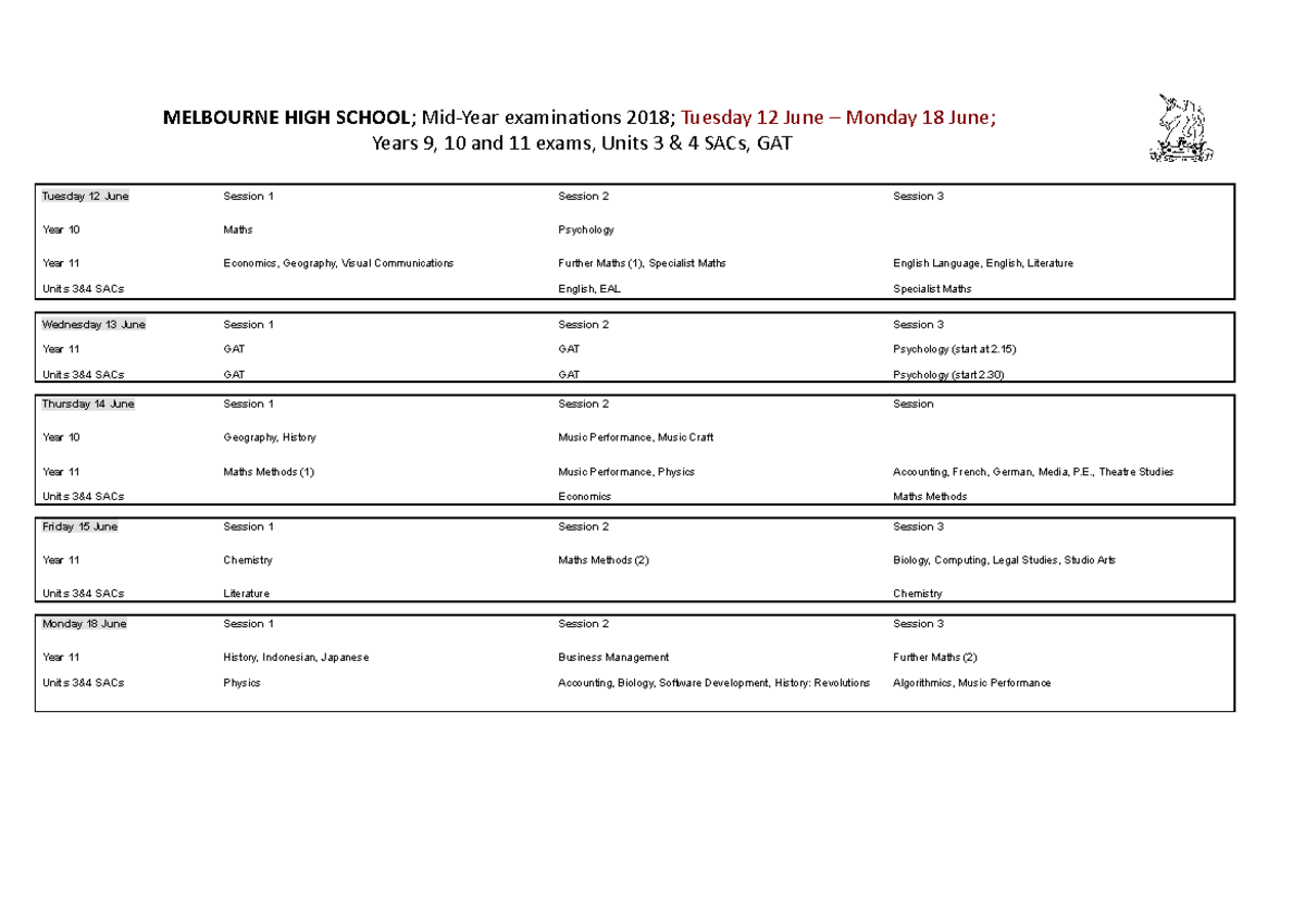 2018 Mid year exam timetable - Yes that's - MELBOURNE HIGH SCHOOL ; Mid ...