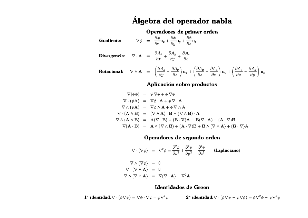 Tabla de Álgebra del Operador Nabla - Algebra del operador nabla ́ Operadores de primer orden ...