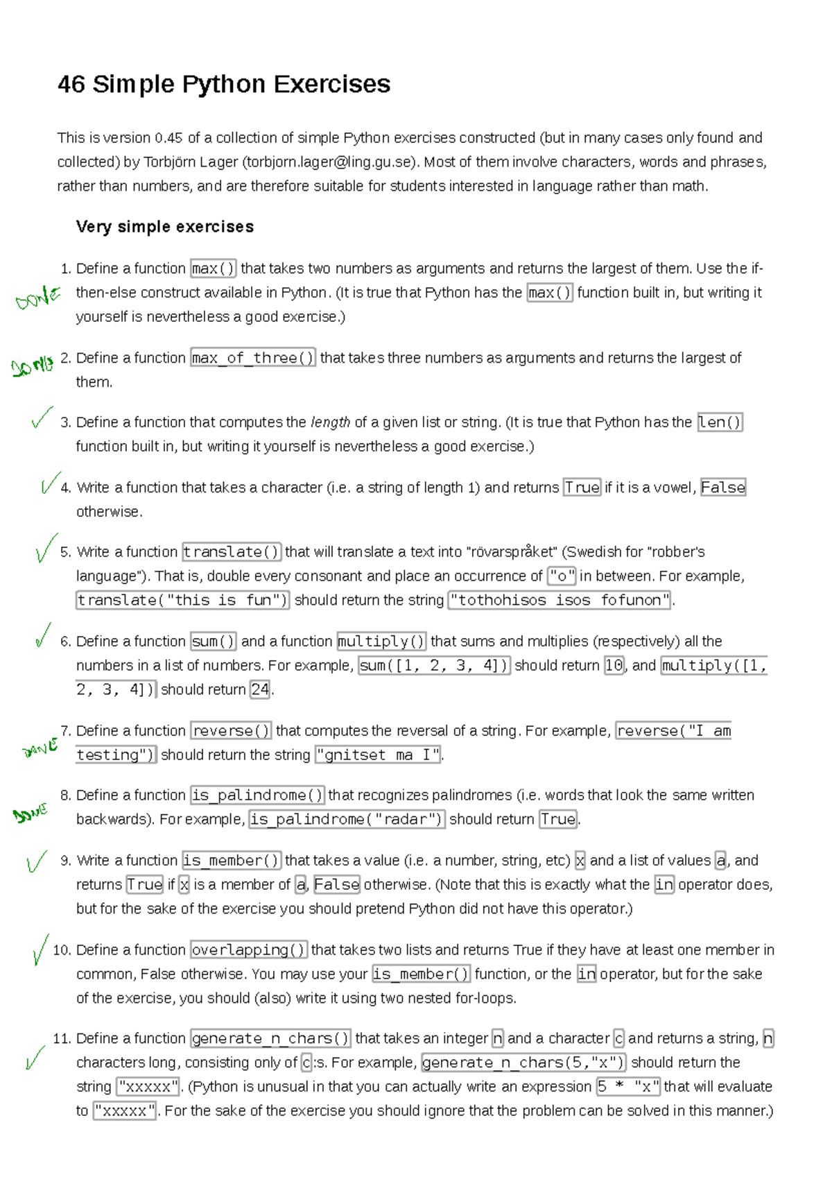 Torbjorn Lager 46 exercises annotated - 46 Simple Python Exercises This ...