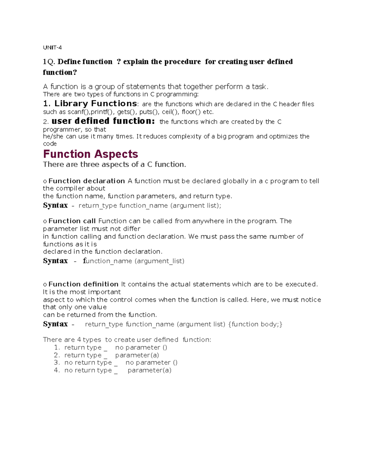 UNIT-4 pps - files - UNIT- 1Q. Define function? explain the procedure for creating user defined ...