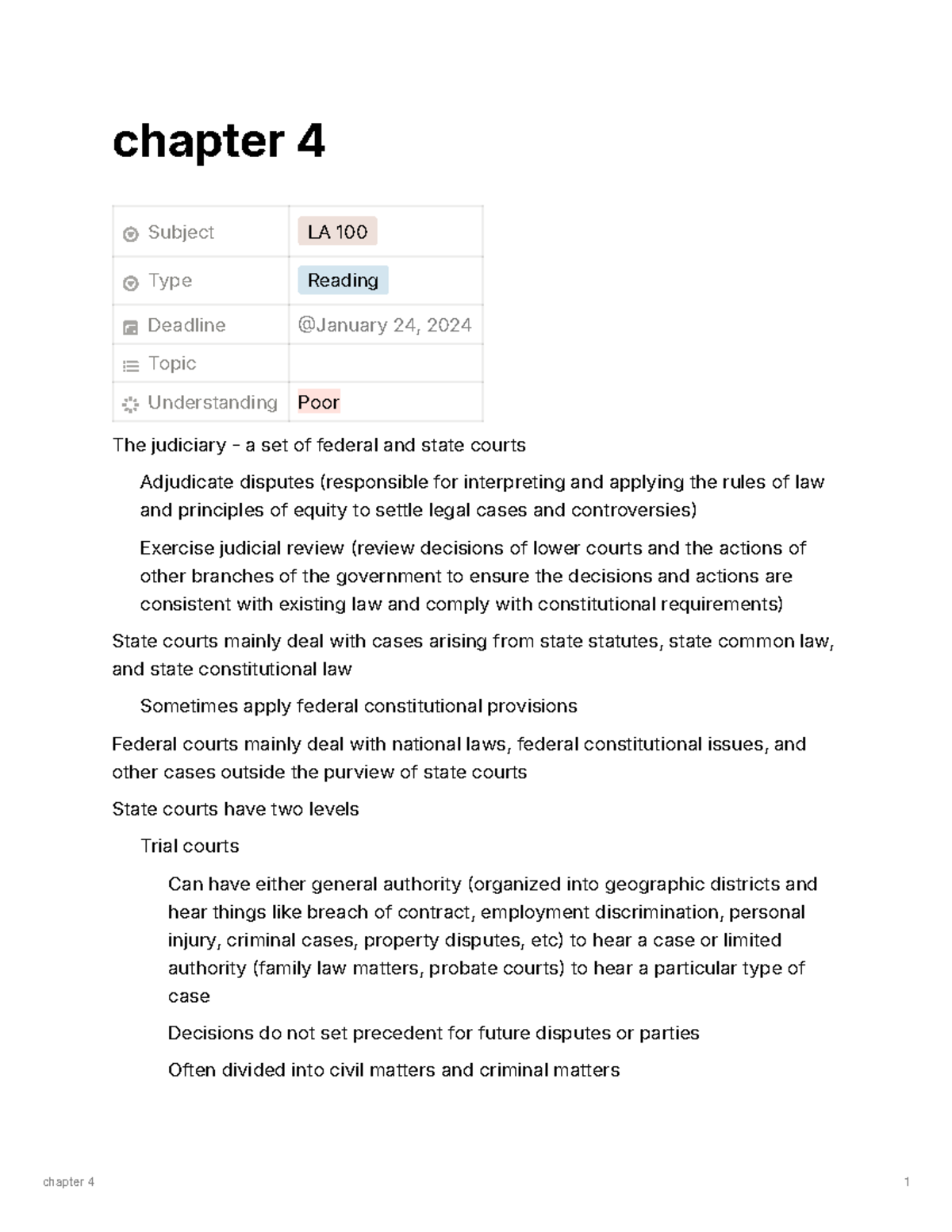 Chapter 4 notes - chapter 4 Subject LA 100 Type Reading Deadline Topic ...