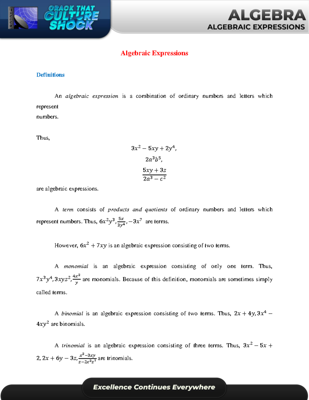 07 Algebraic Expression - Algebraic Expressions Definitions An ...