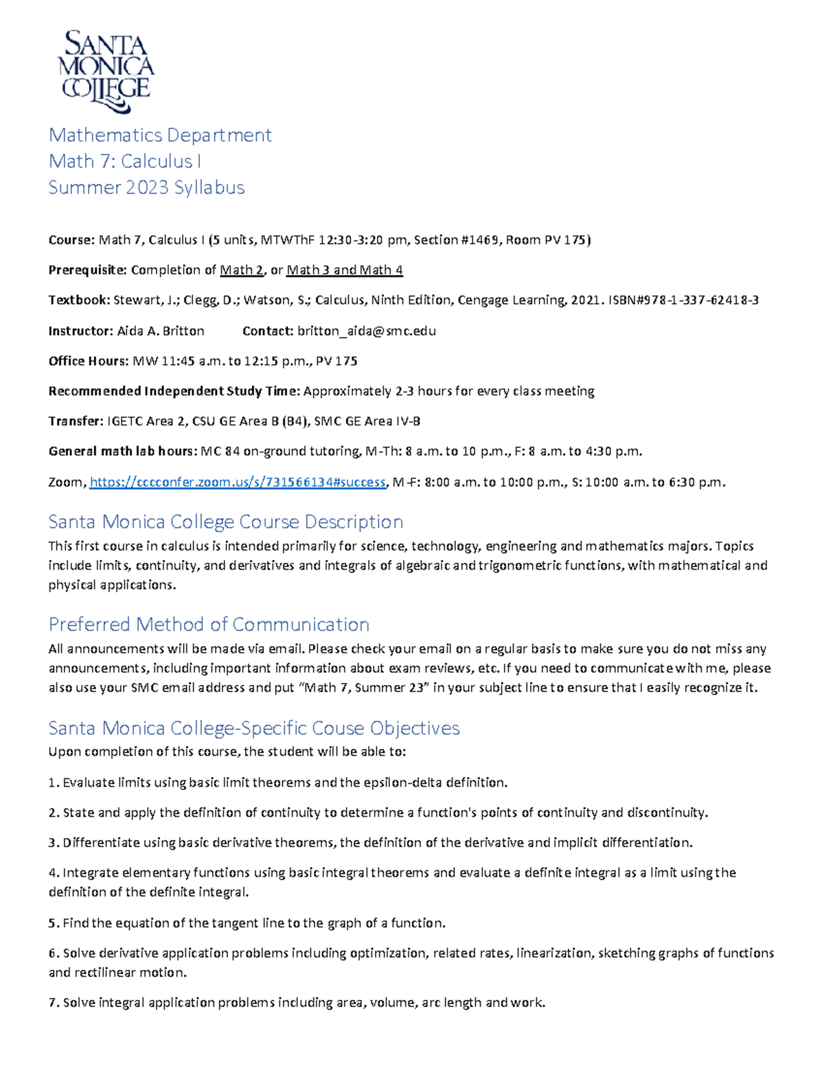 Math 7 Syllabus Summer 2023 - Mathematics Department Math 7: Calculus I ...