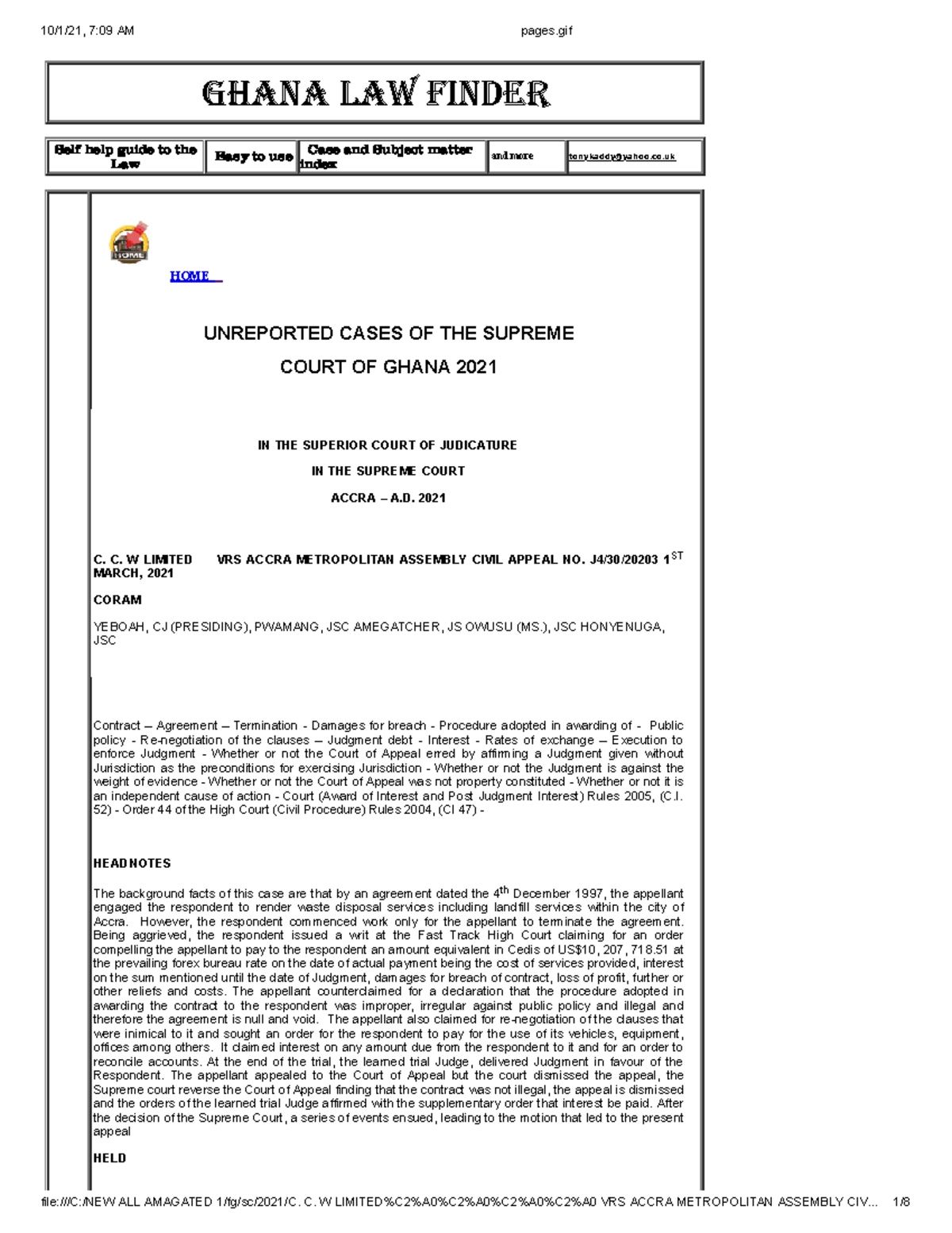 C. C. W Limited VRS Accra Metropolitan Assembly - GHANA LAW FINDER Self help guide to the Law ...