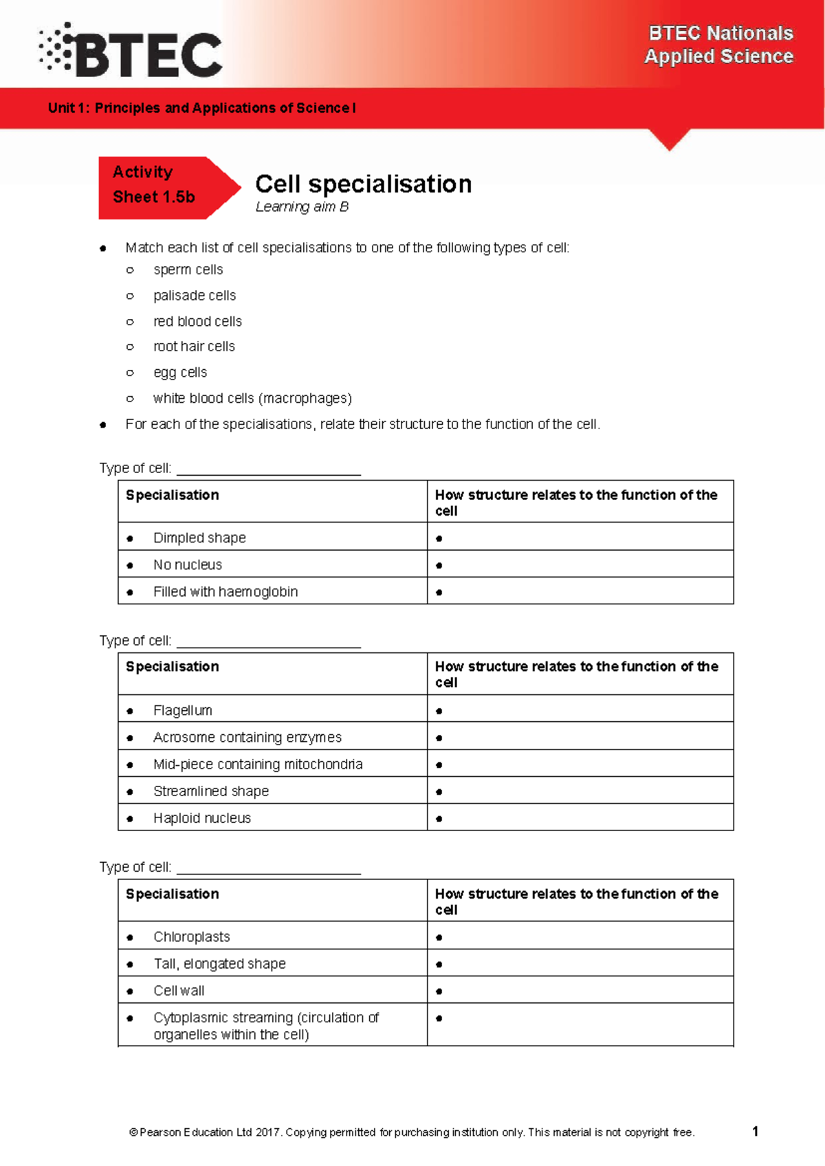 Btec cell specilisation - Unit 1: Principles and Applications of Science I Cell specialisation ...