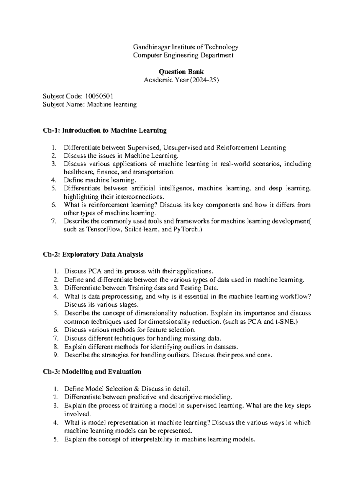 Ml Question Bank Python Ml Gandhinagar Institute Of Technology Computer Engineering