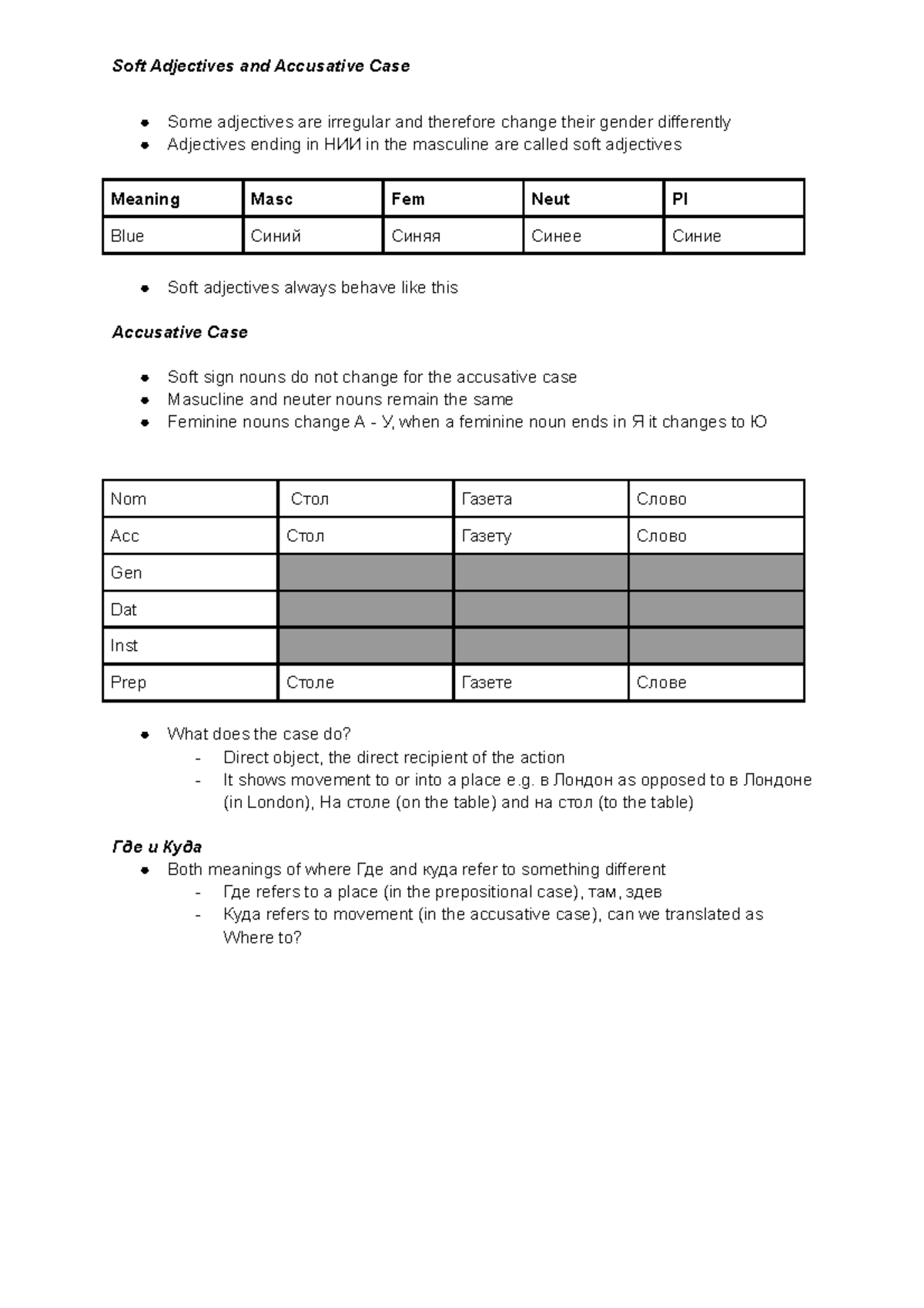 Russian Grammar Soft Adjectives And Accusative Case Soft Adjectives