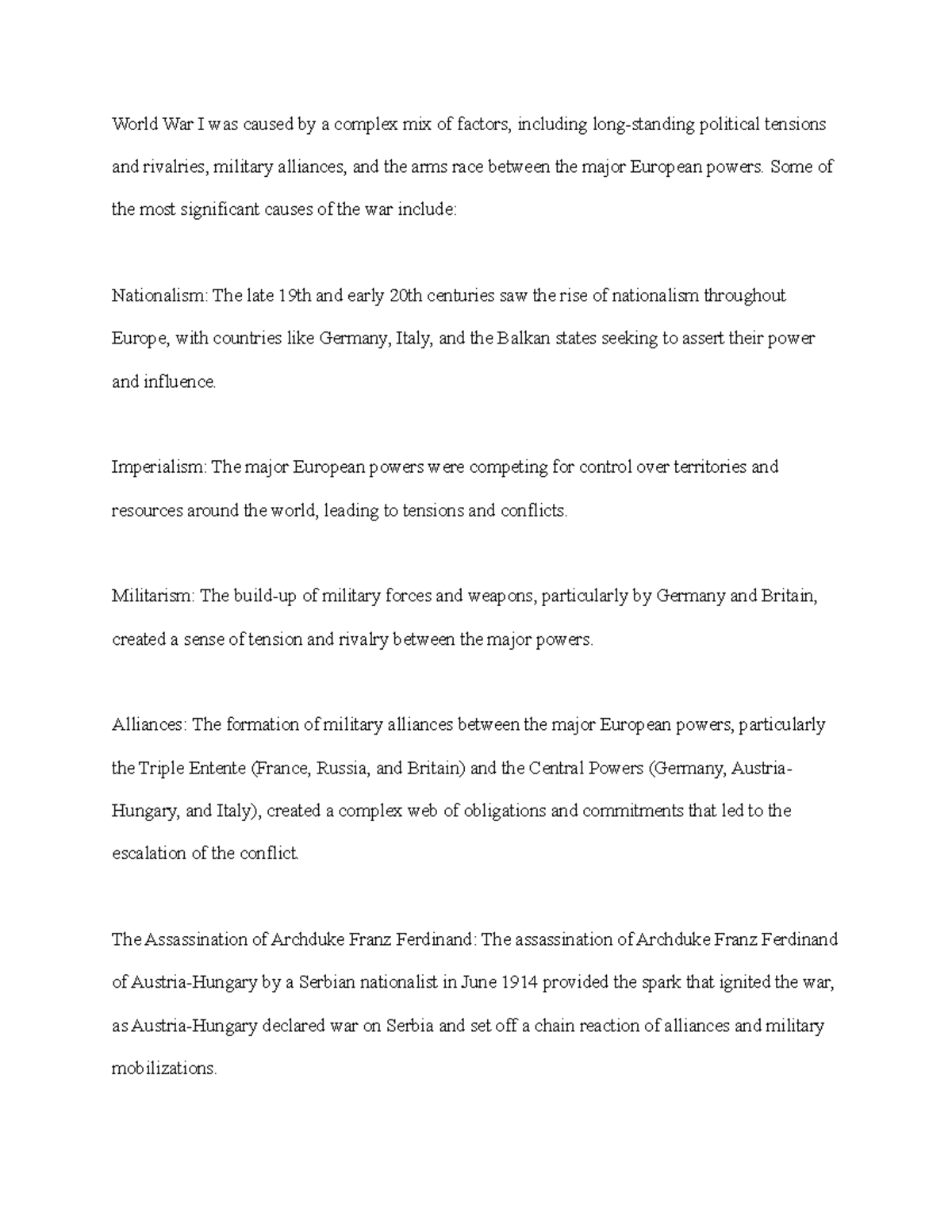 Causes of WWI Notes - World War I was caused by a complex mix of ...