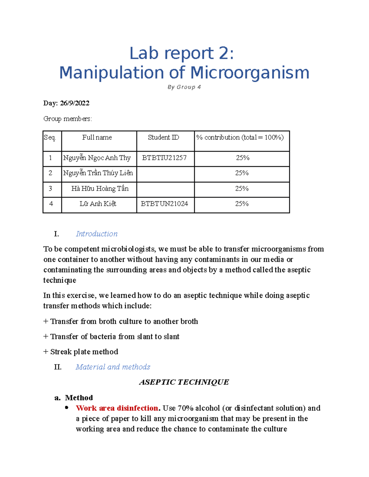 Lab report 1 - asdsad - Lab report 2: Manipulation of Microorganism By Group 4 Day: 26/9/ Group ...