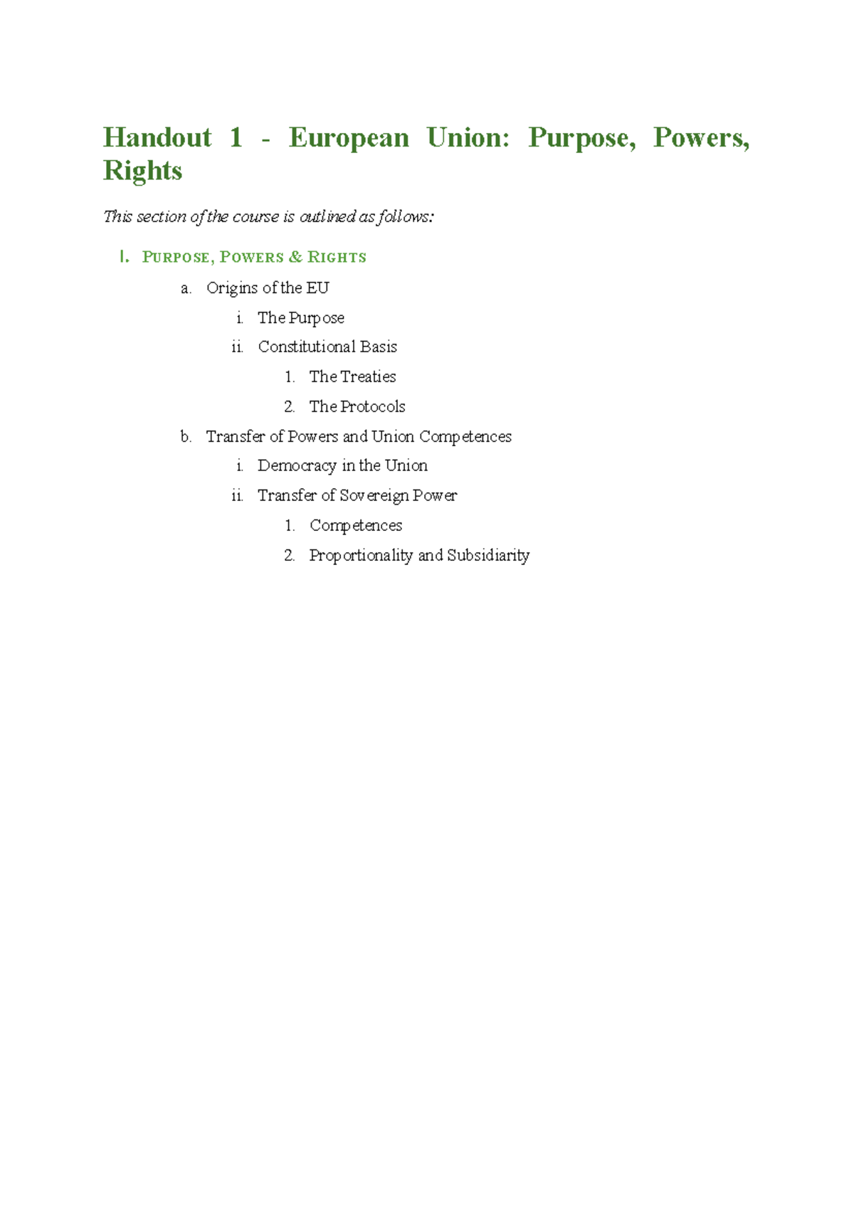 handout 1 public law - Handout 1 - European Union: Purpose, Powers ...