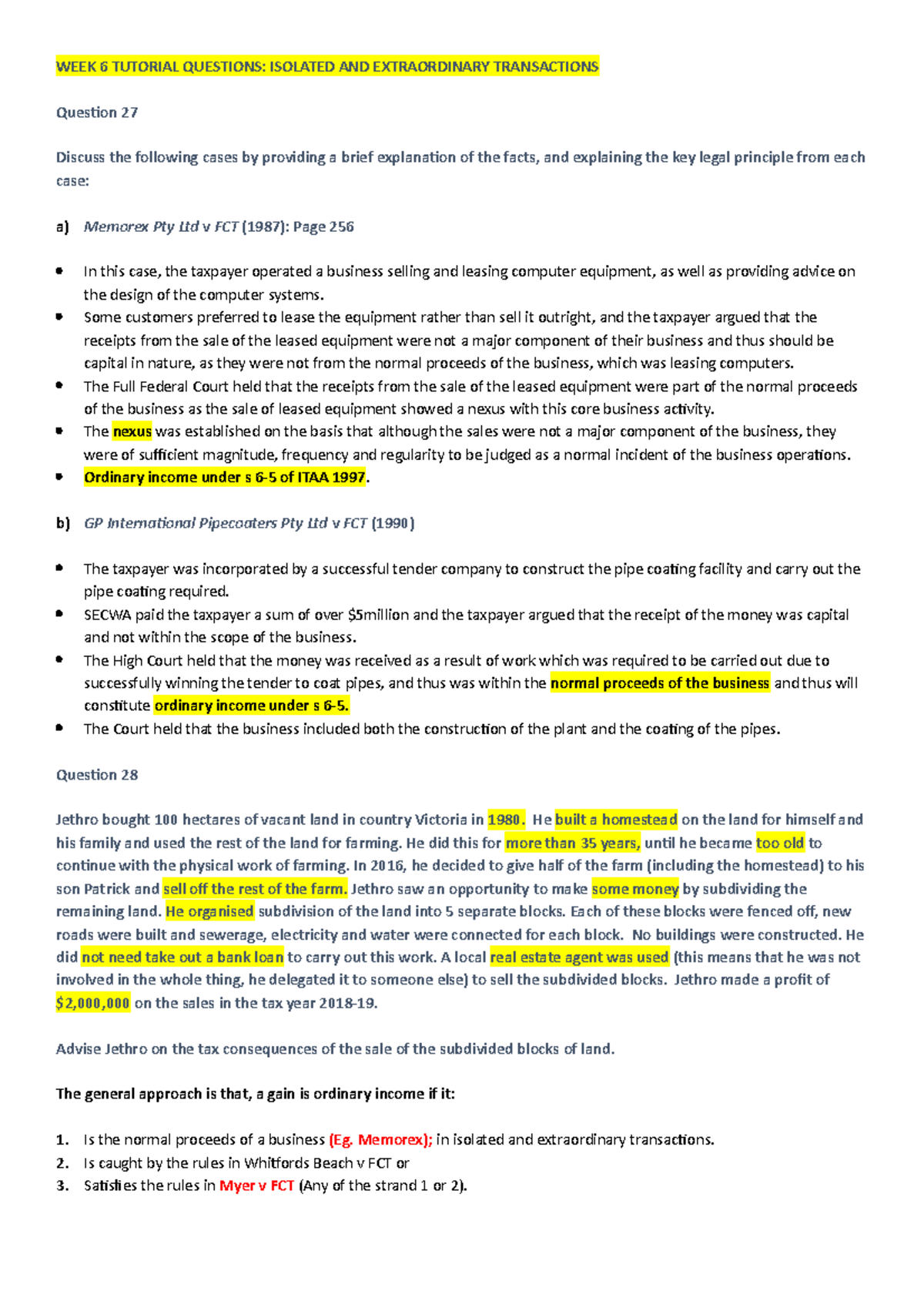 Week 6 Tutorial - WEEK 6 TUTORIAL QUESTIONS: ISOLATED AND EXTRAORDINARY ...