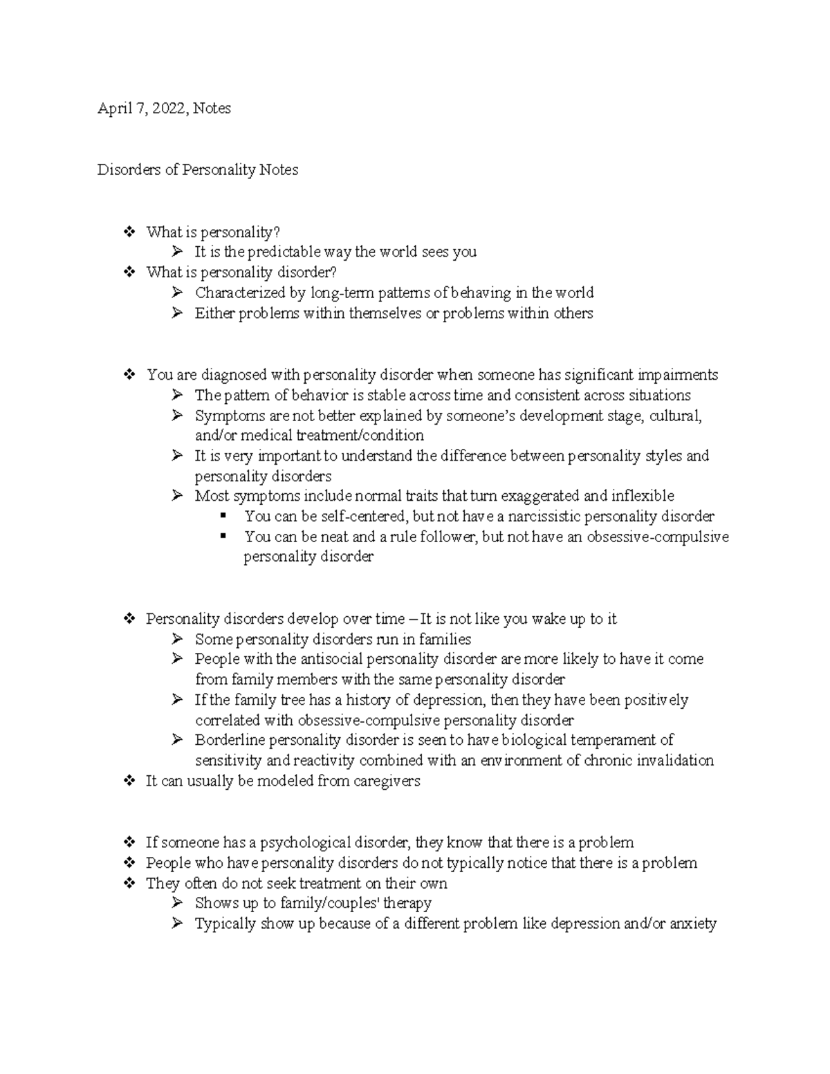 Disorders of Personality Notes - April 7, 2022, Notes Disorders of ...
