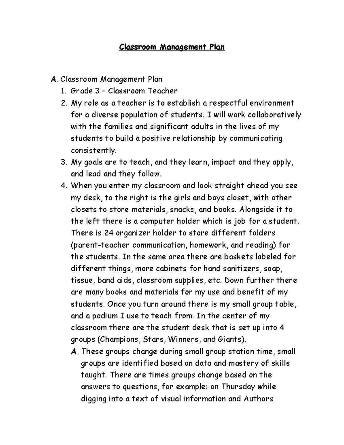 Classroom Management Plan - Classroom Management Plan 1. Grade 3 ...