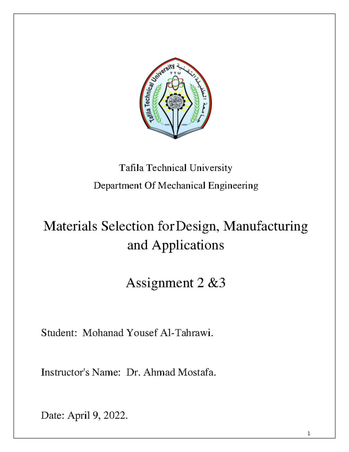 Assignment 2&3 final - Tafila Technical University Department Of Mechanical Engineering ...