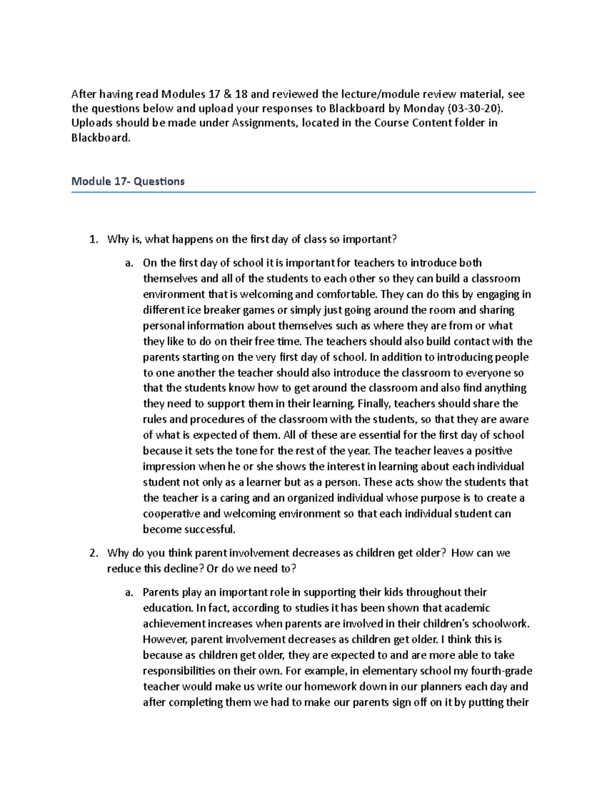 Assignment for Modules 17 & 18 - After having read Modules 17 & 18 and ...