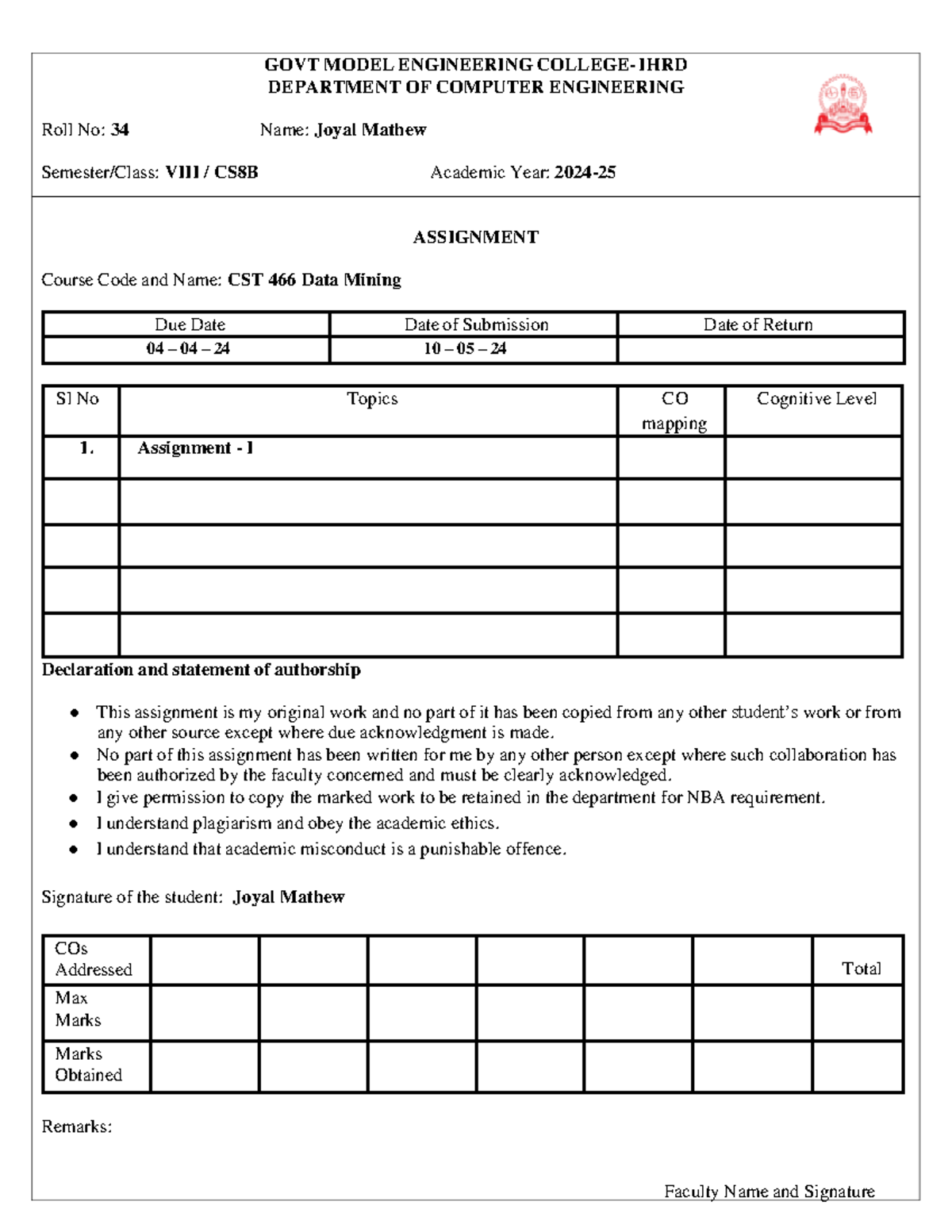 (Data Mining) Assignment - GOVT MODEL ENGINEERING COLLEGE- IHRD ...