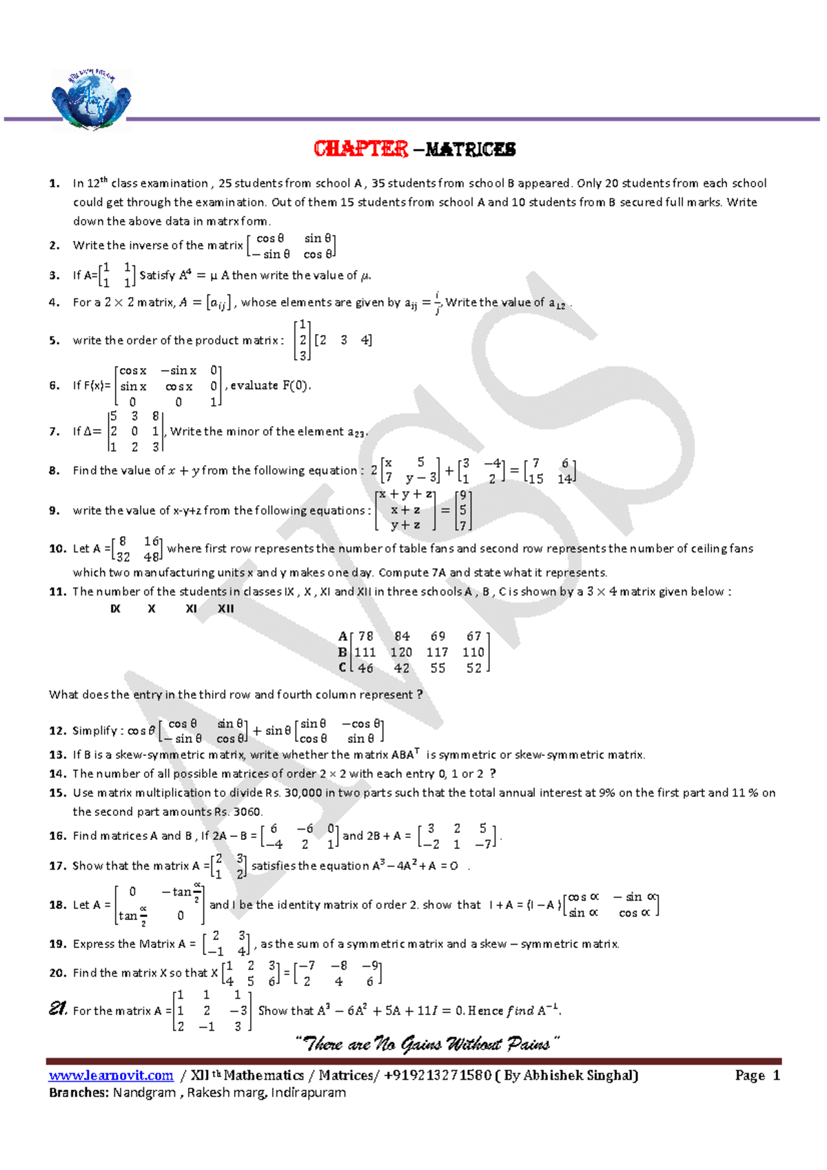 Matrix Assignment AVSS - learnovit / XII th Mathematics / Matrices/ +919213271580 ( By Abhishek ...